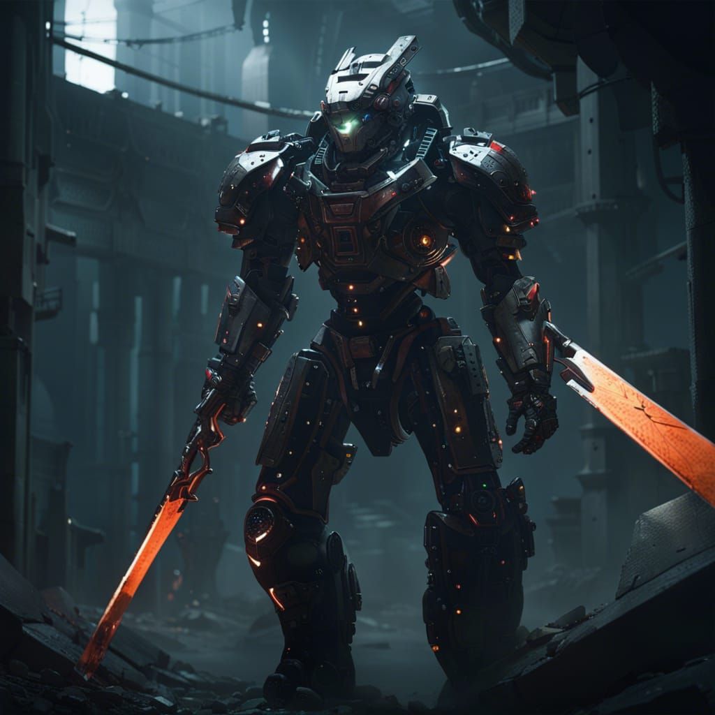 Mech and swords. - Mech Warrior with Sword in Dark Fantasy S...