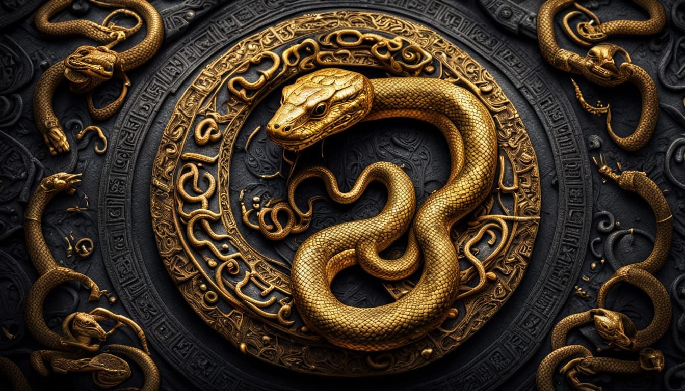 Golden Snake Entwines Ancient Runes in Hyperrealis... - AI Art