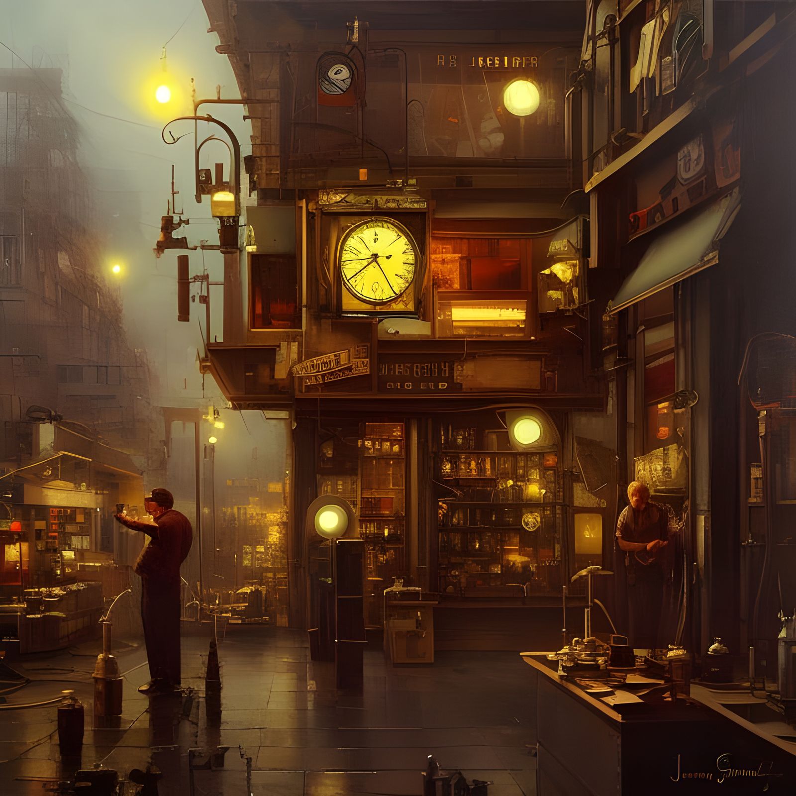 A busy clock repair shop oil painting by James Gurney sinister by Greg ...