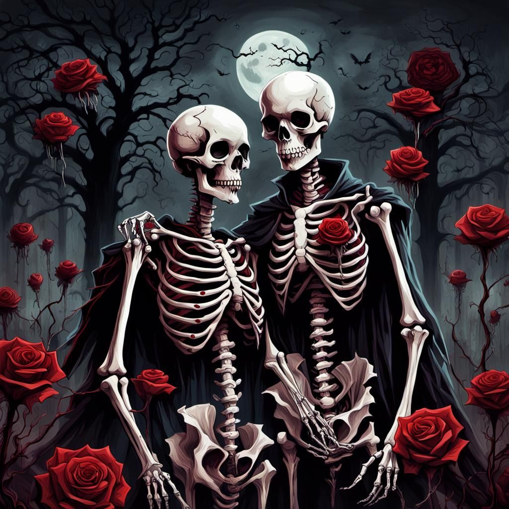 Macabre Skeleton Couple in Dark Fantasy Scene with... - AI Art