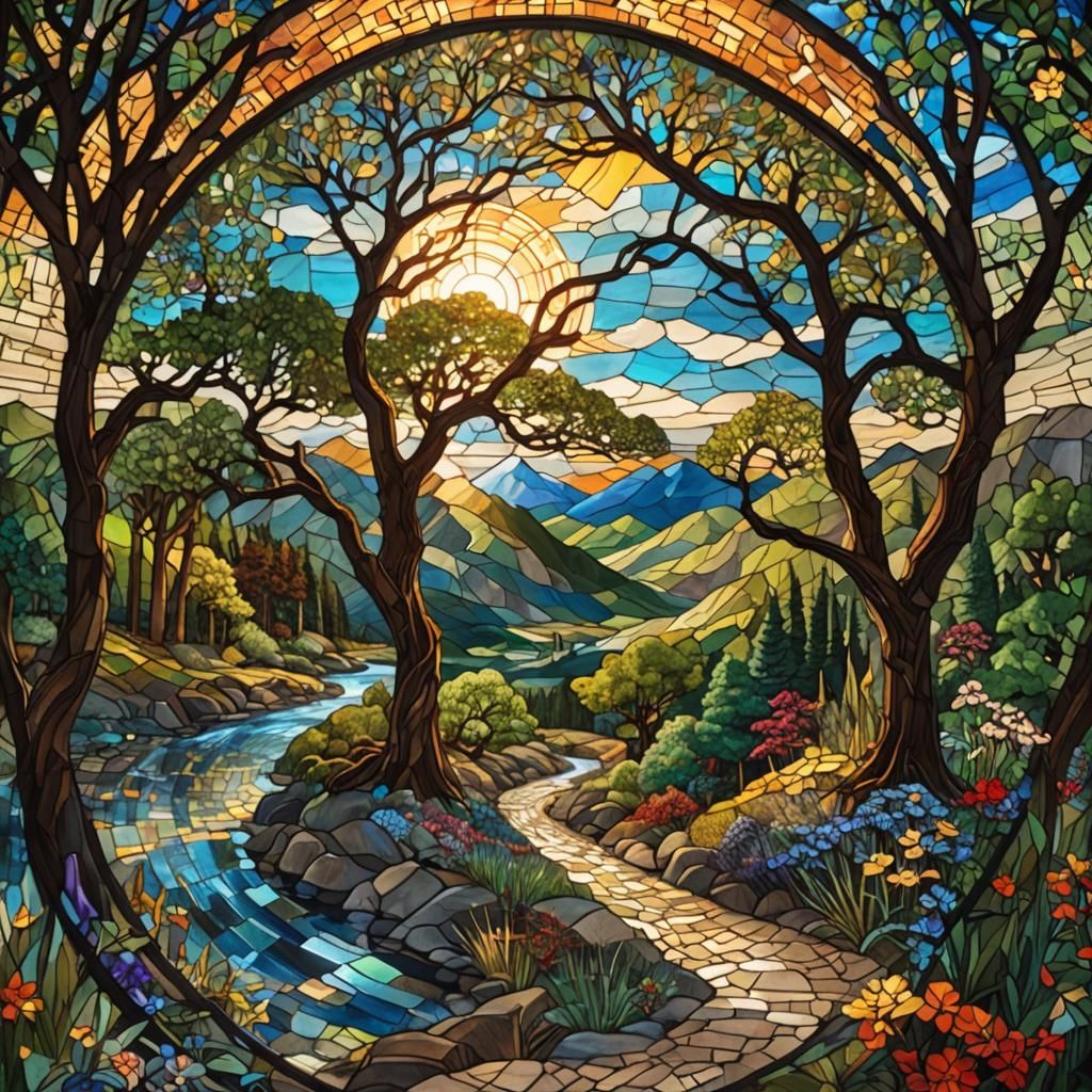 Stained Glass Riverside Path - AI Generated Artwork - NightCafe Creator