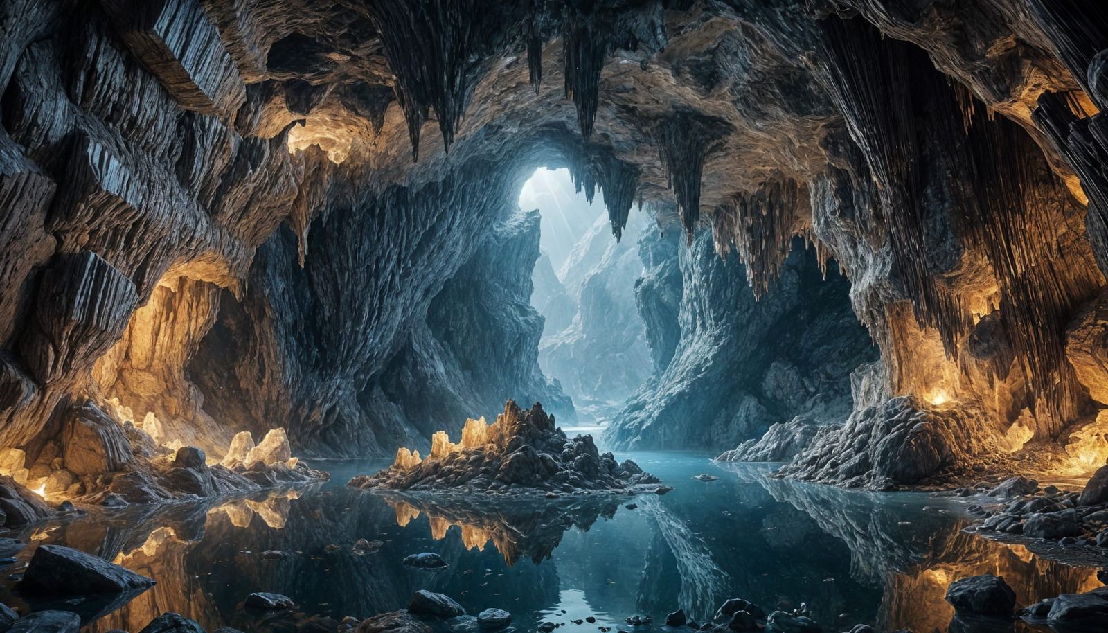 Glowing Crystal Cave with Luminous Lake - AI Art