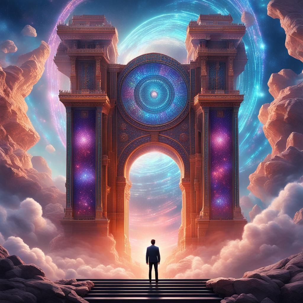 Visualize a futuristic scene where a man stands before a colossal ...