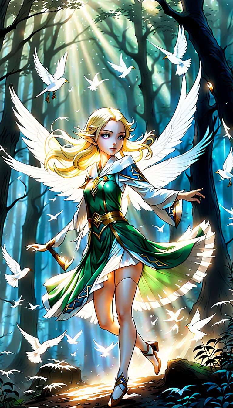 Female high-elf, white skin, blonde hair, dancing in forest, dynamic ...