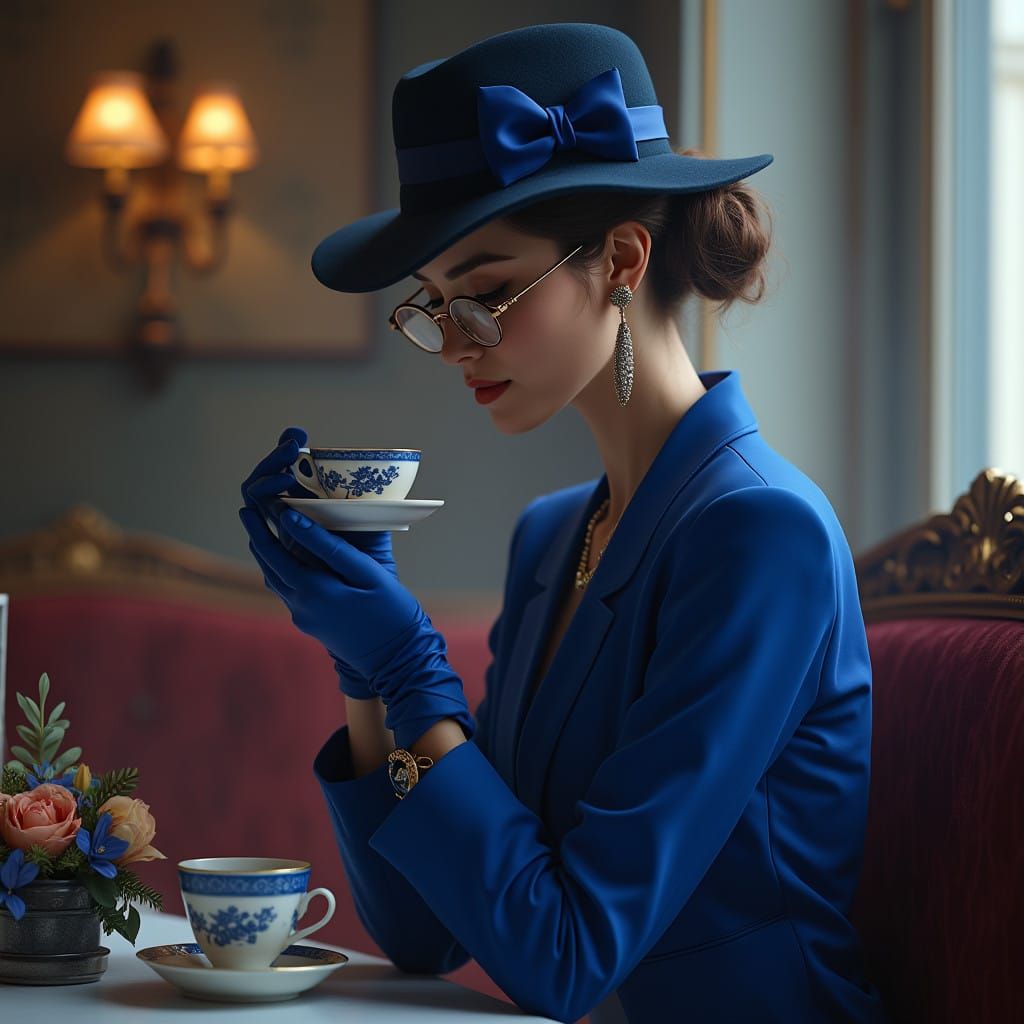 The Lasy Tasting Tea (with Milk) - Elegant Lady Sips Tea in...