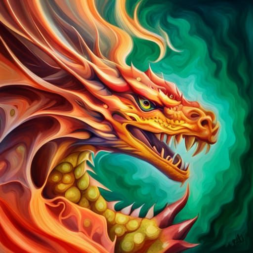 Tremendous red, green, yellow flying Dragon that shoots fire from its ...