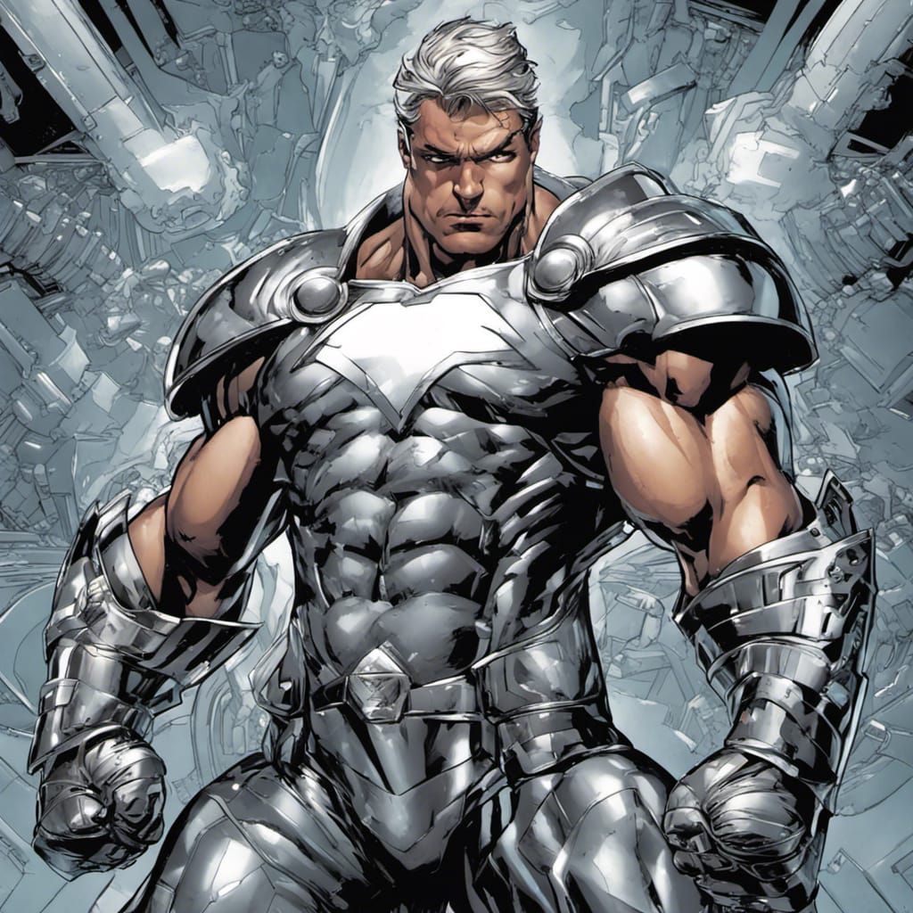 Silver, armored, male, buff, superhero, hammer, gauntlets, high tech ...
