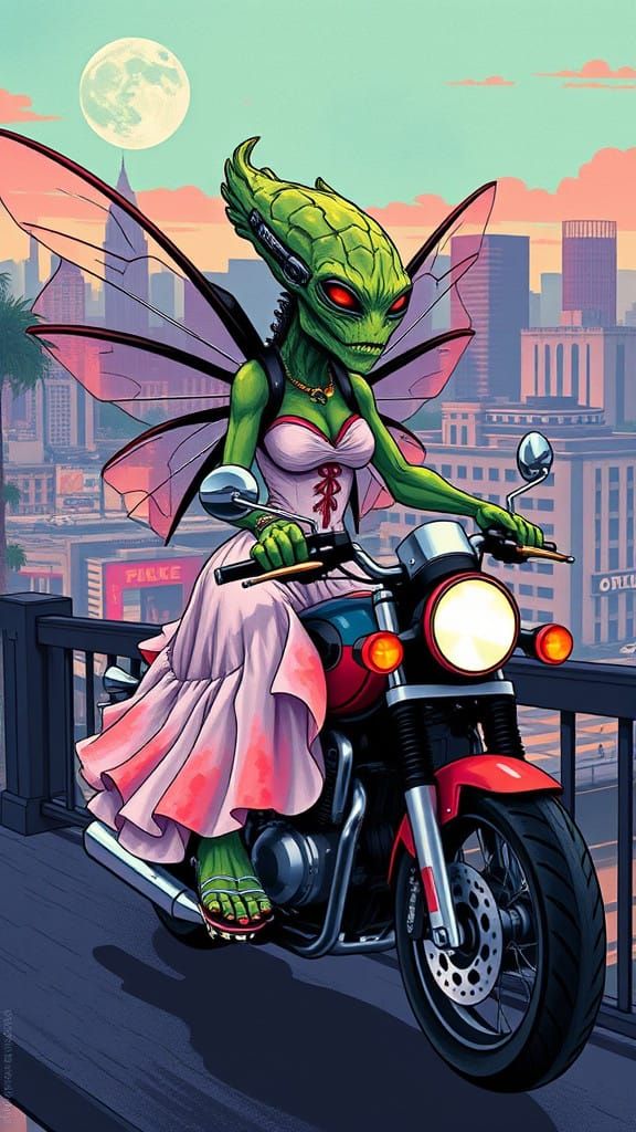 Groot Xenomorph Fairy Riding a Motorcycle over a Bridge