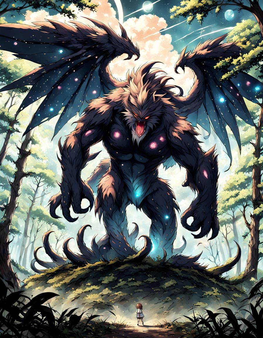 Legendary beast monster with wings, huge claws, loocated in forest ...