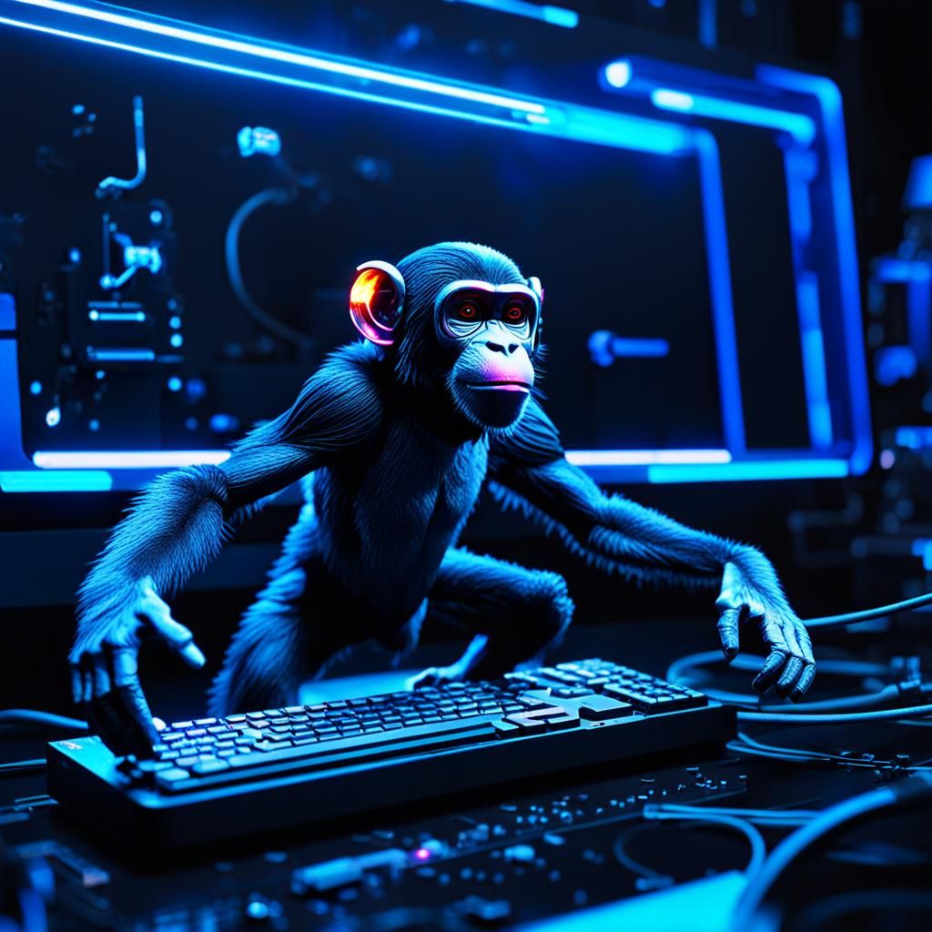 Flying space monkey glowing plasma under black light in black world ...