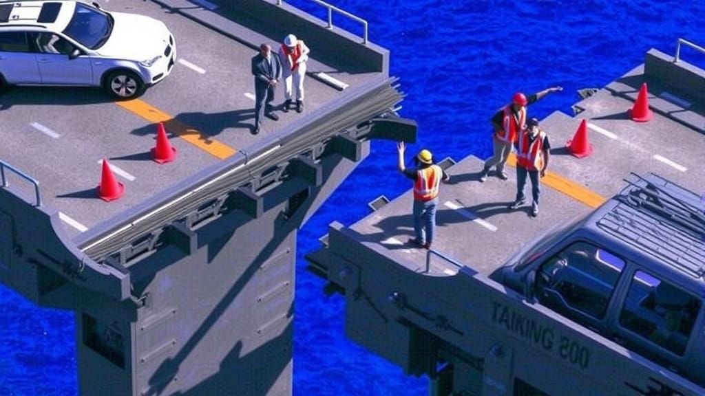 Surreal Scene of a Broken Highway Bridge Over Deep... - AI Art