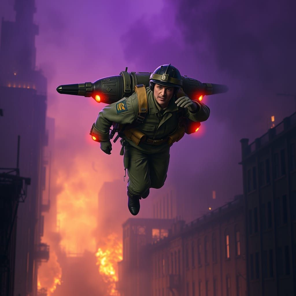 Jet Pack Trooper in Dark Fantasy WW2 Cityscape - AI Art