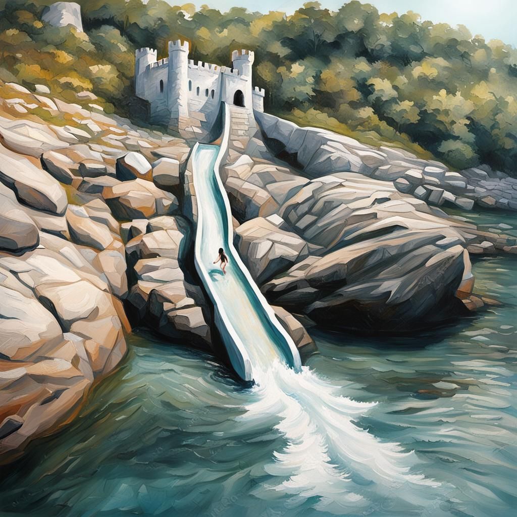 Woman sliding down a water slide. A stone slide leads from the seaside ...