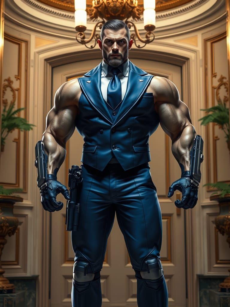 Cyborg Bodybuilder Agent in Ornate Foyer, Exuding ... - AI Art