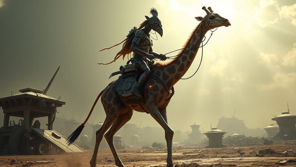 Steampunk Giraffe Cyborg Warrior in Epic Battle Po... - AI Art