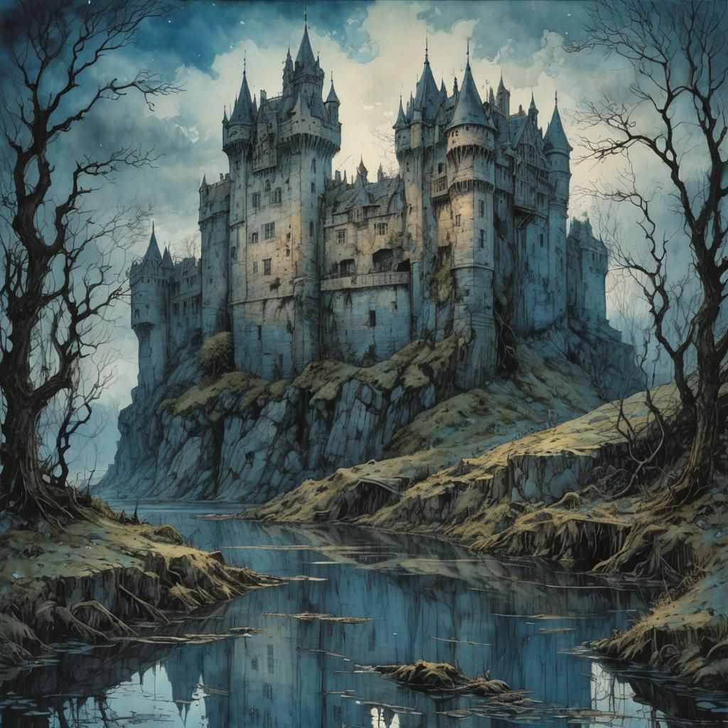 A beautiful blue moat around the ruins of a medieval castle. - AI ...