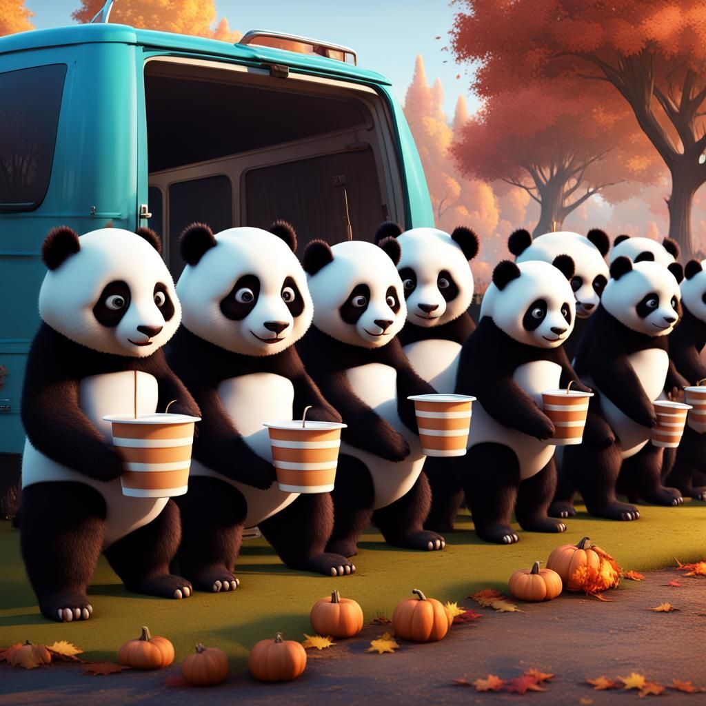 monochromatic, a group of panda's queued in a line waiting to order ...