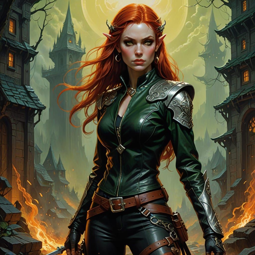 Elegant Red Haired Elf Woman in Black Leather Outf... - AI Art