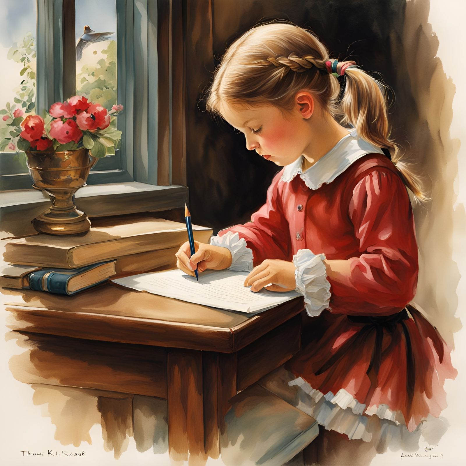 A girl in pigtails writing a letter to the boy she loves who is far ...
