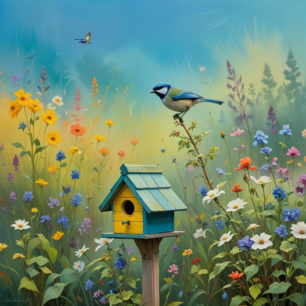 Blue Chickadee - Vibrant Australian Garden Scene in Oil Pain...