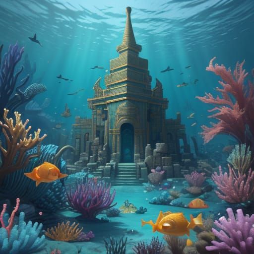 Apocalyptic underwater ancient egyption scene with mermaids swimming ...