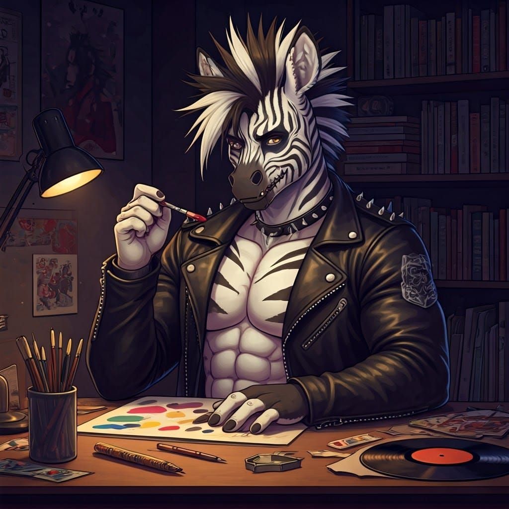 Athletic Zebra Artist in Punk Rock Attire - AI Art