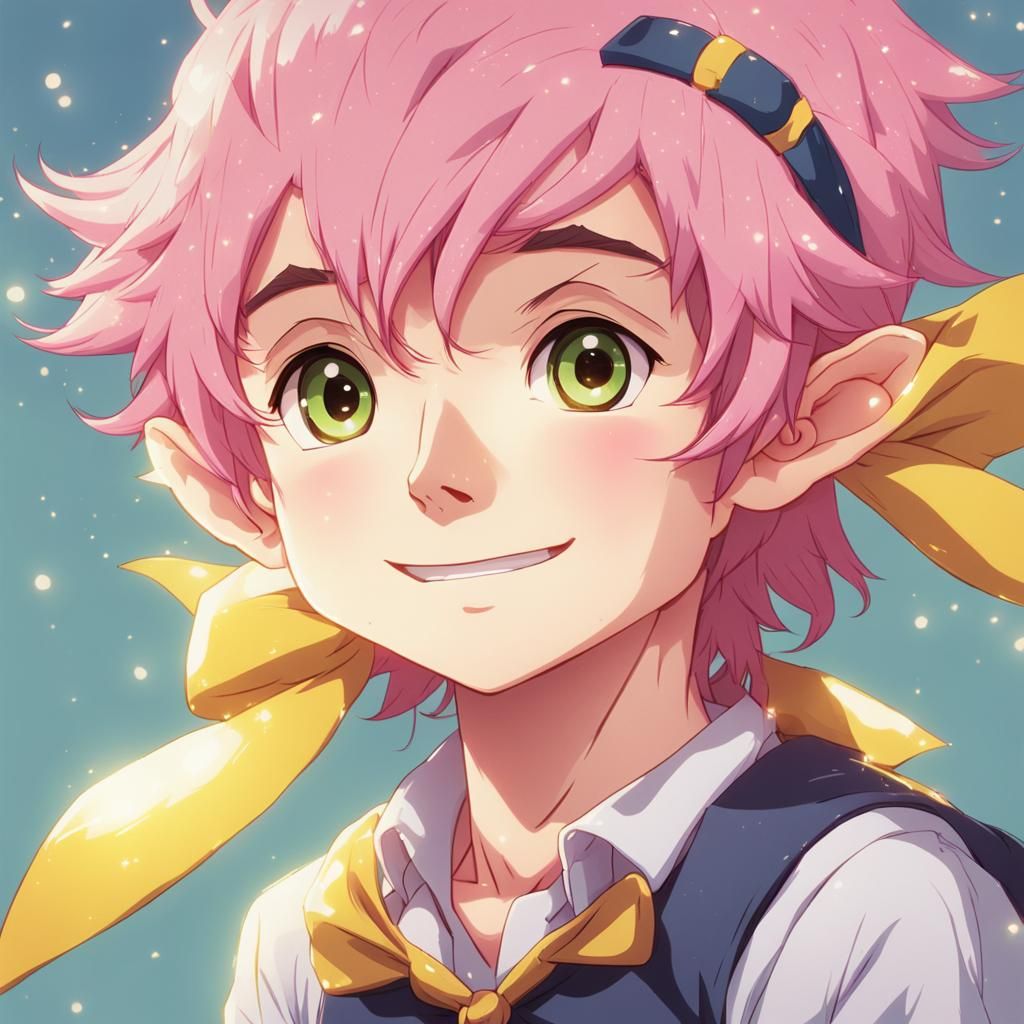 Elf boy with pink hair smiling has a yellow bow in hair by artist ...