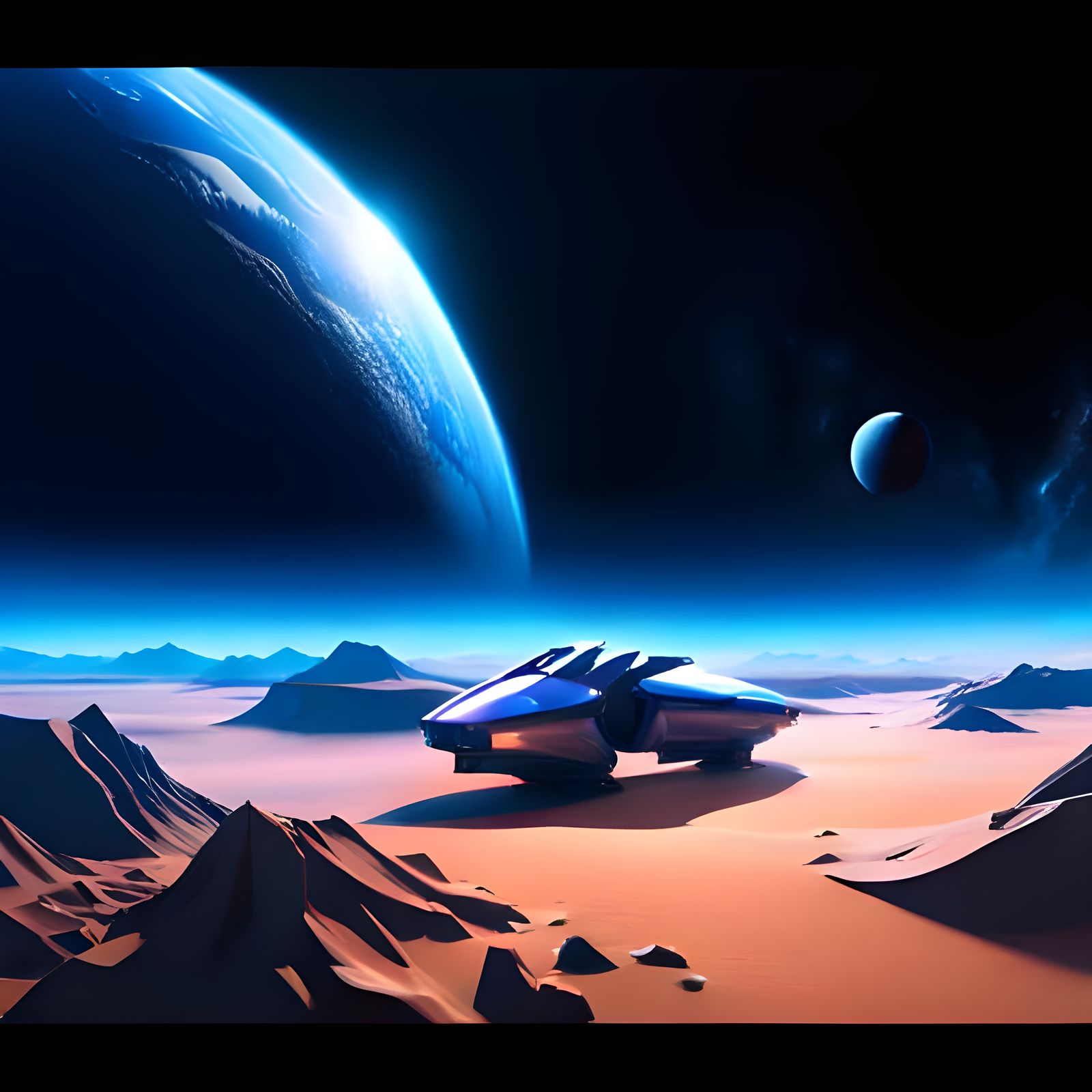 A very long shot of a Futuristic winged exploration vehicle for ...