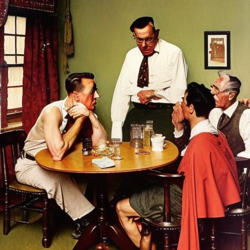 Norman Rockwell's argument at the brothel - AI Generated Artwork - NightCafe Creator