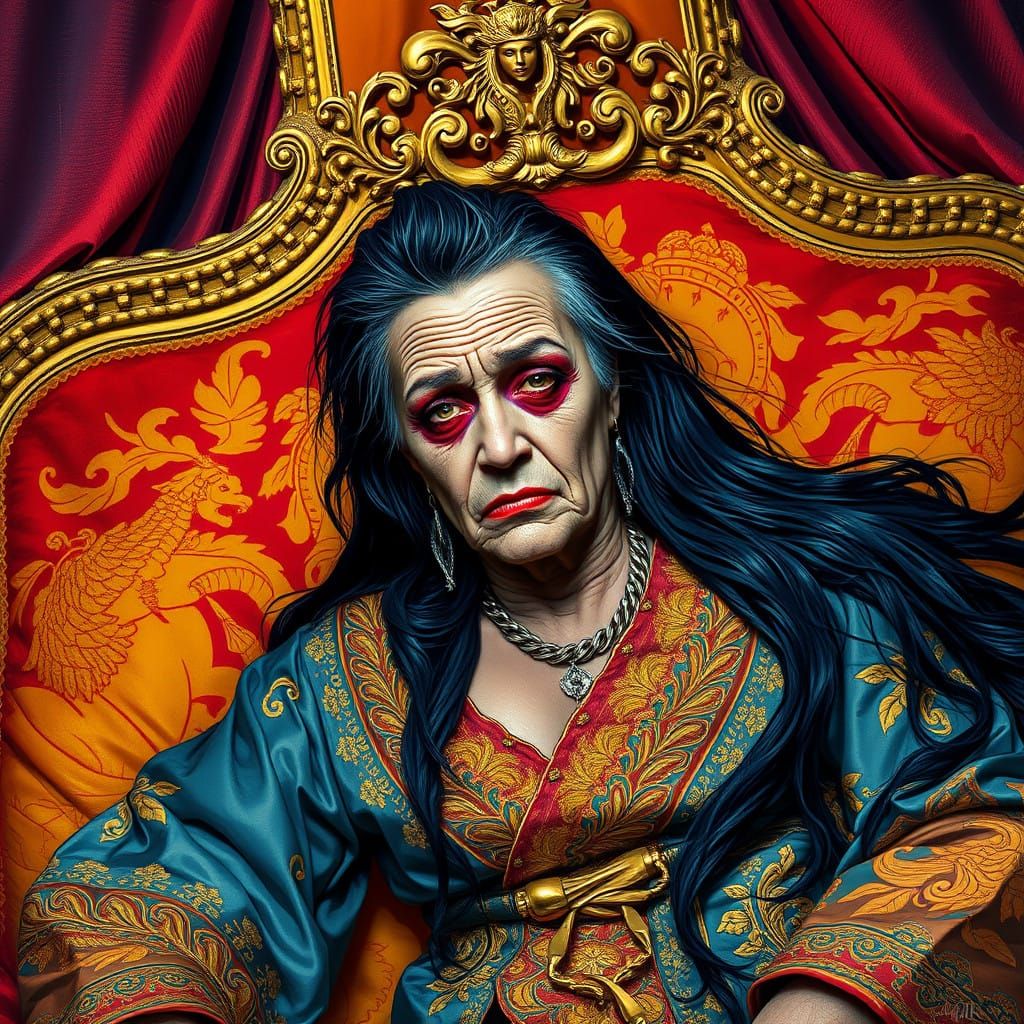 Elegant Transvestite in Opulent Robes Lies on Velv... - AI Art