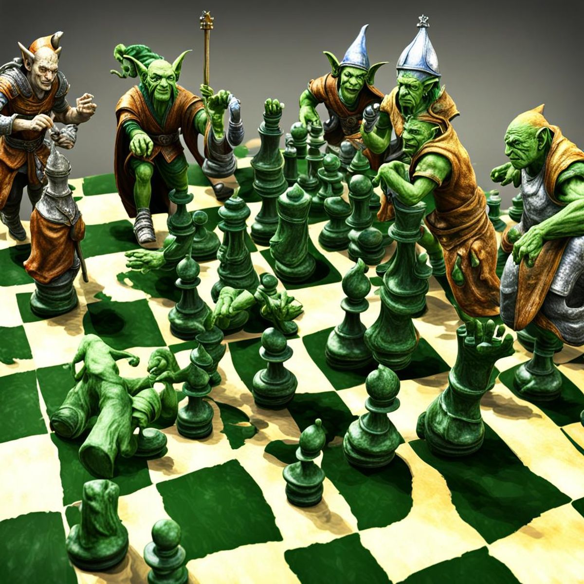 Elves and Goblins as lifelike chess pieces on chessboard, 3D HD ...