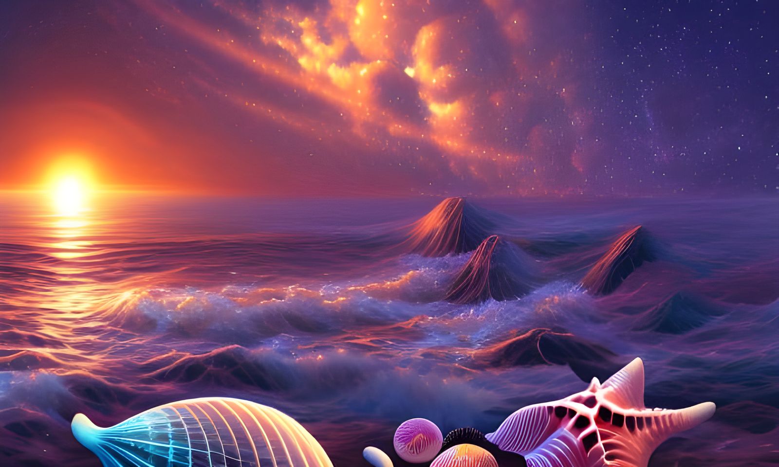 sparkling sea shells Splash art trending on Artstation dynamic lighting ...