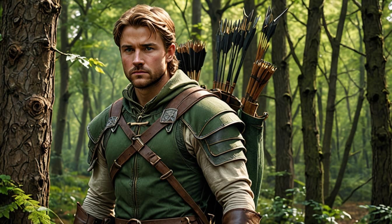 Hyperrealistic Robin Hood. He is tall and handsome. Light brown hair ...