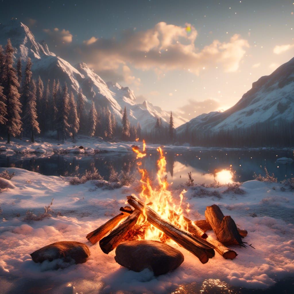 Campfire on a river bank - AI Generated Artwork - NightCafe Creator