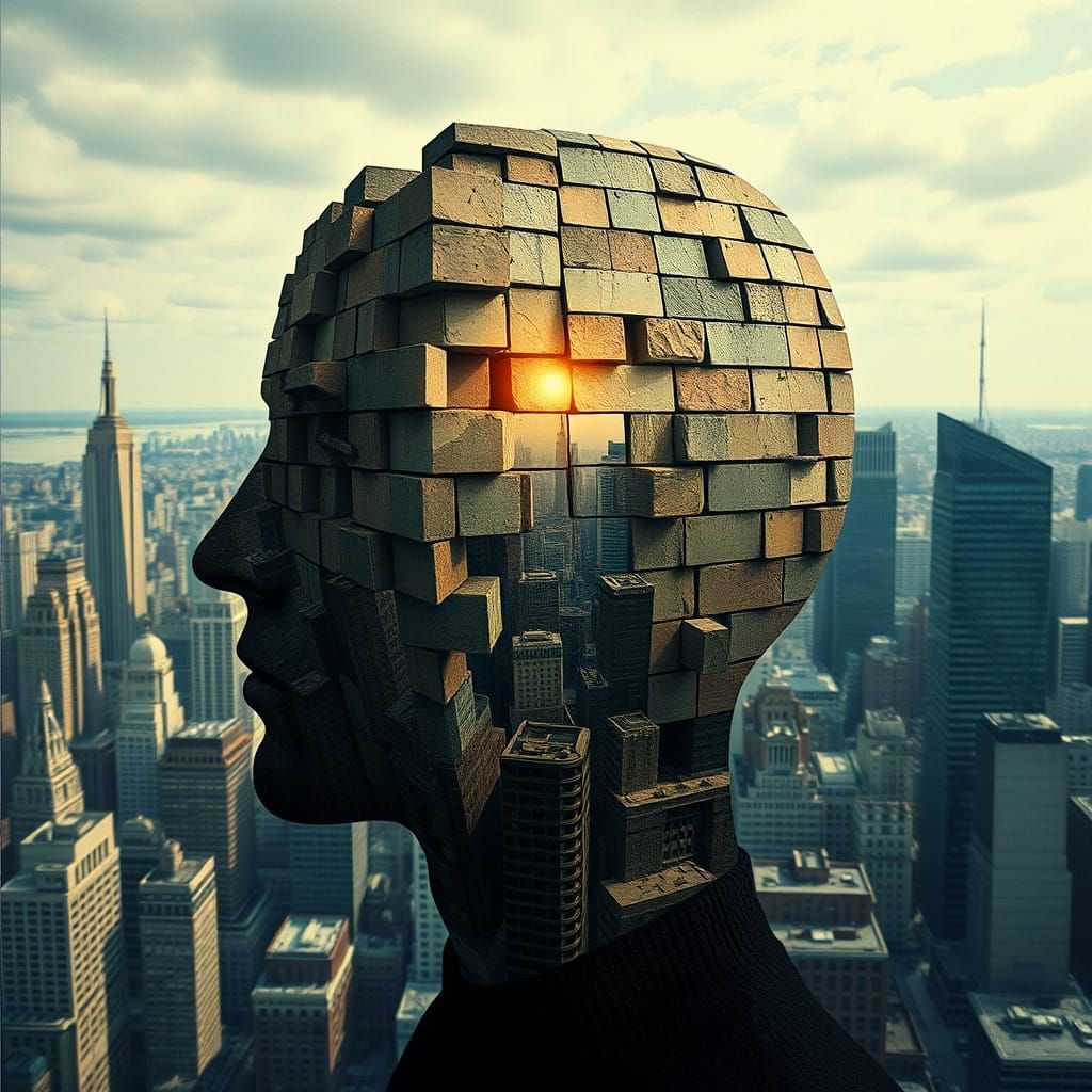 Memories as individual bricks building a cityscape