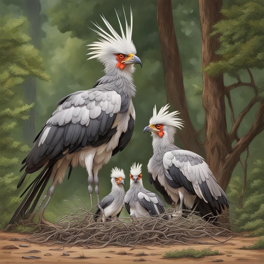the secretary bird, Detailed portrayals of behaving with the her kids ...