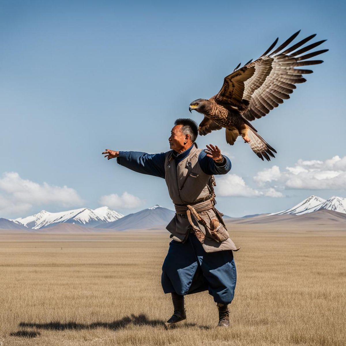 a man in Mongolia , arm out reaching for hawk to land on , - AI ...