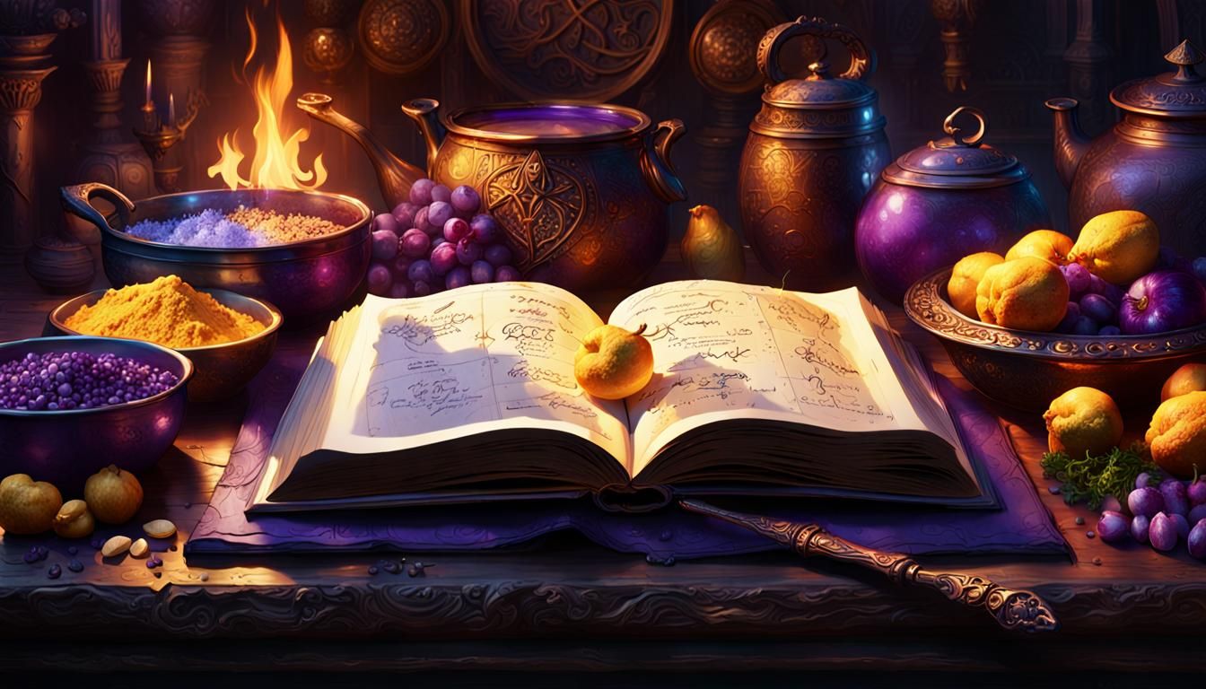 Large open cookery recipe book a masterpiece, 8k resolution, dark ...