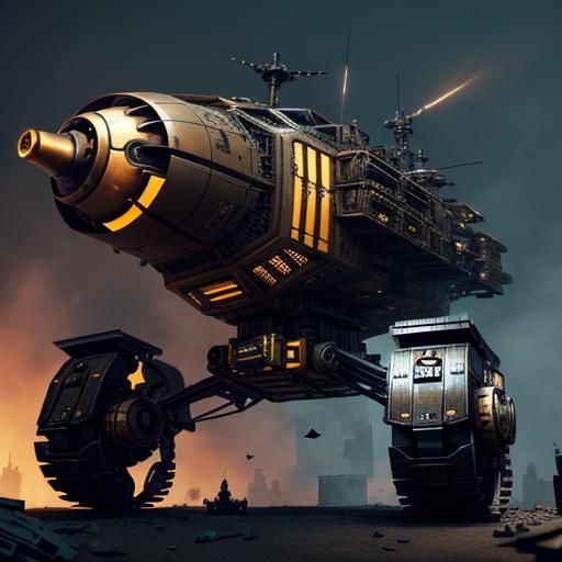 A broken down Steampunk Mech with little robots skittering all over the ...