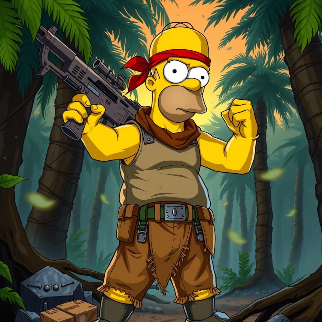 homer simpson as rambo - Gritty Hero in a War-Torn Jungle, i...