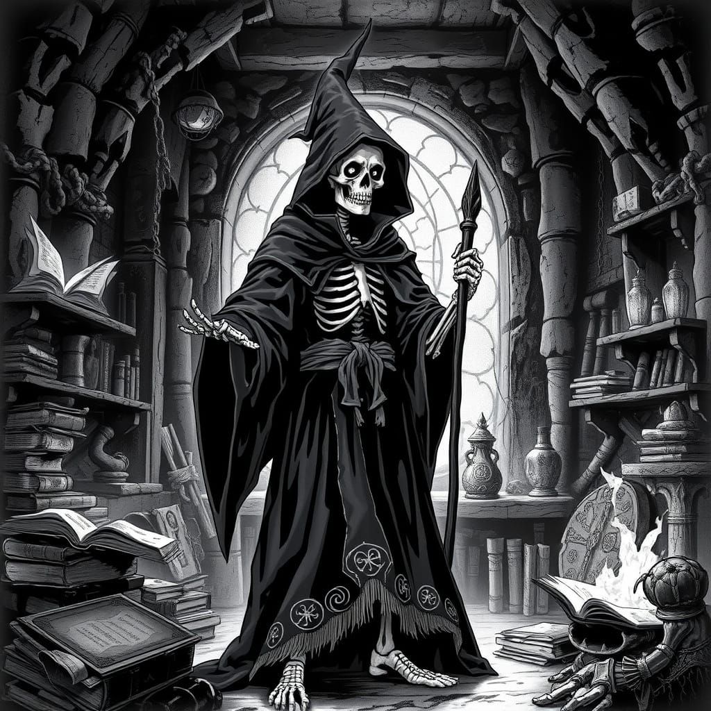 A skeleton wizard done in black and white art in the ADnD art style