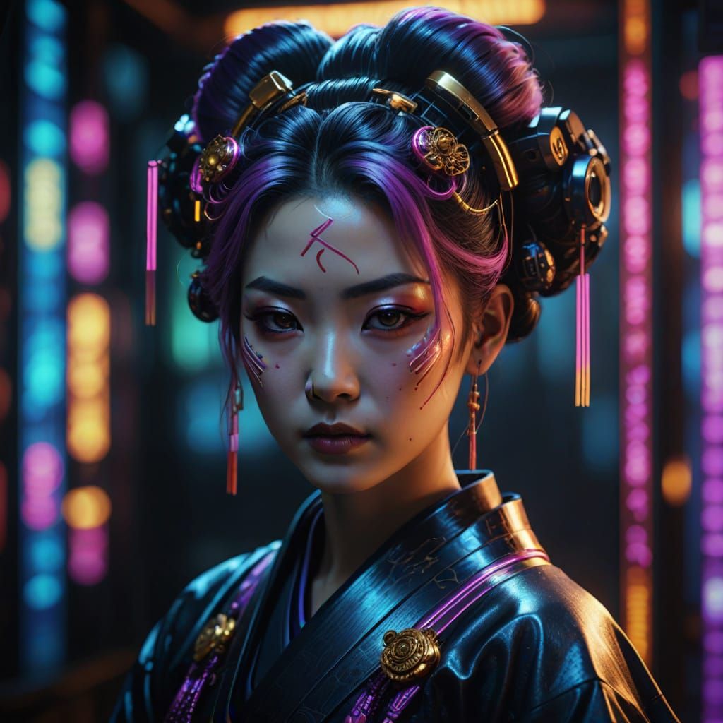 Adakitchi - Cyberpunk Geisha Portrait in Moody Neon
