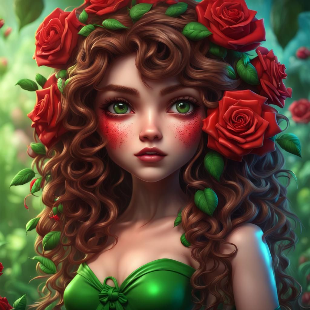 hyperrealistic Cool 80s chibi red roses fairy, very long curly brown ...