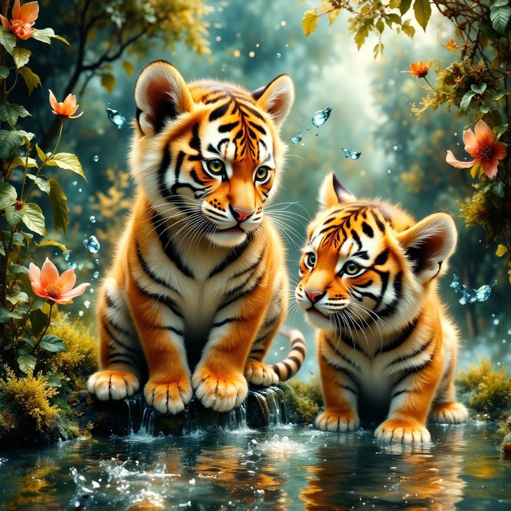 Surreal Tiger Cubs Emerge from Jungle Waterfalls i... - AI Art