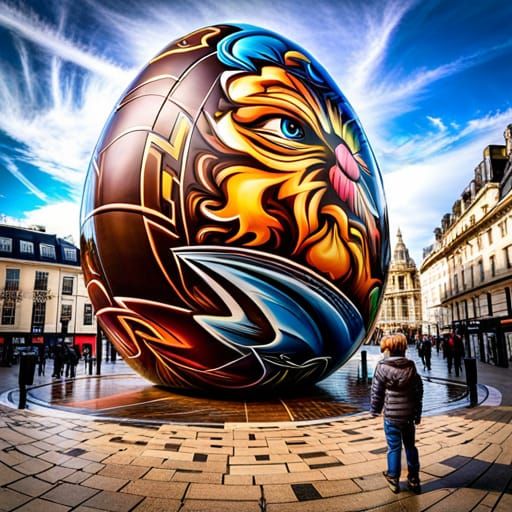 In London a child looks in awe at a giant Easter egg creation with a modern take on a chick - AI ...