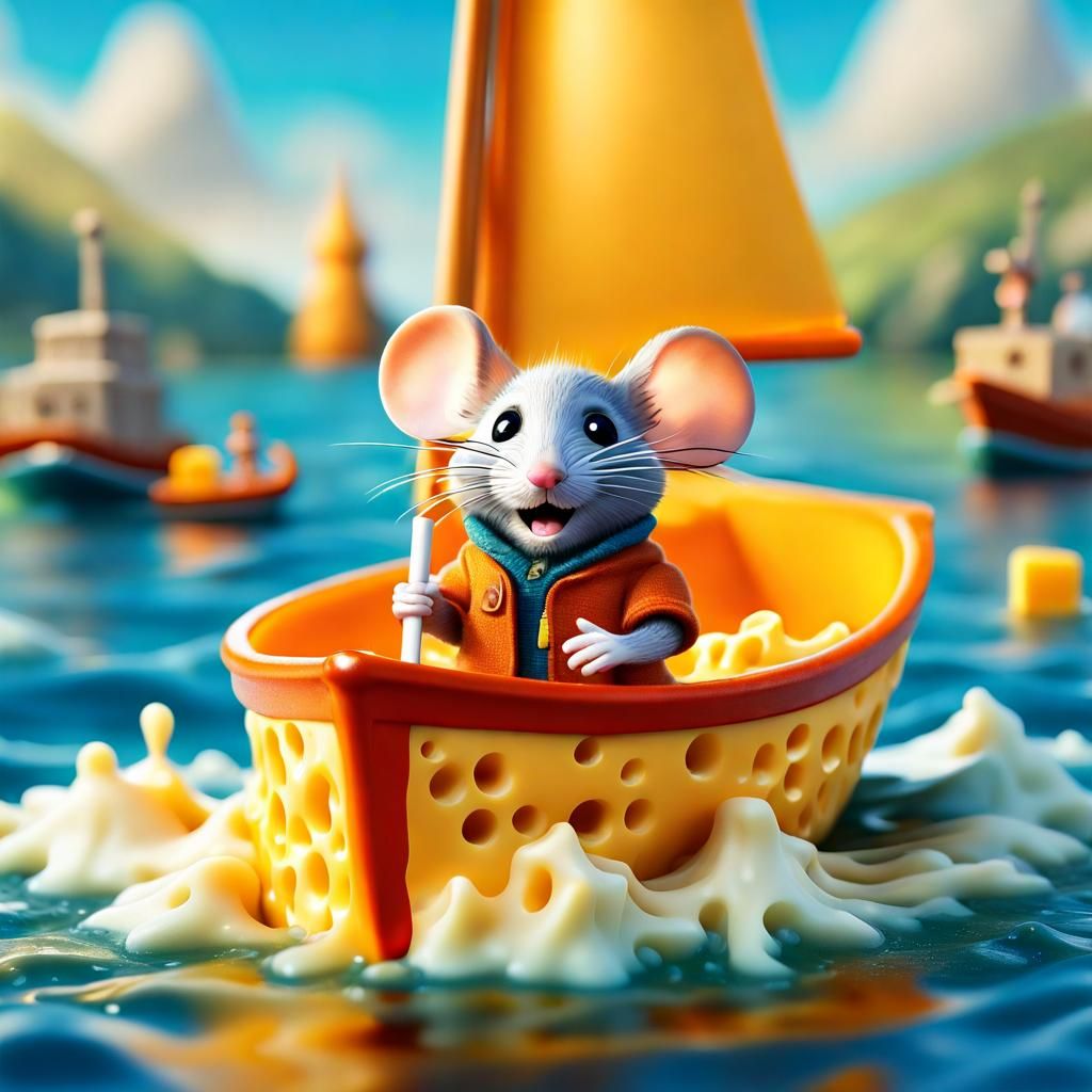 An adorable mouse sailing in a boat made of cheddar cheese on a sea of ...