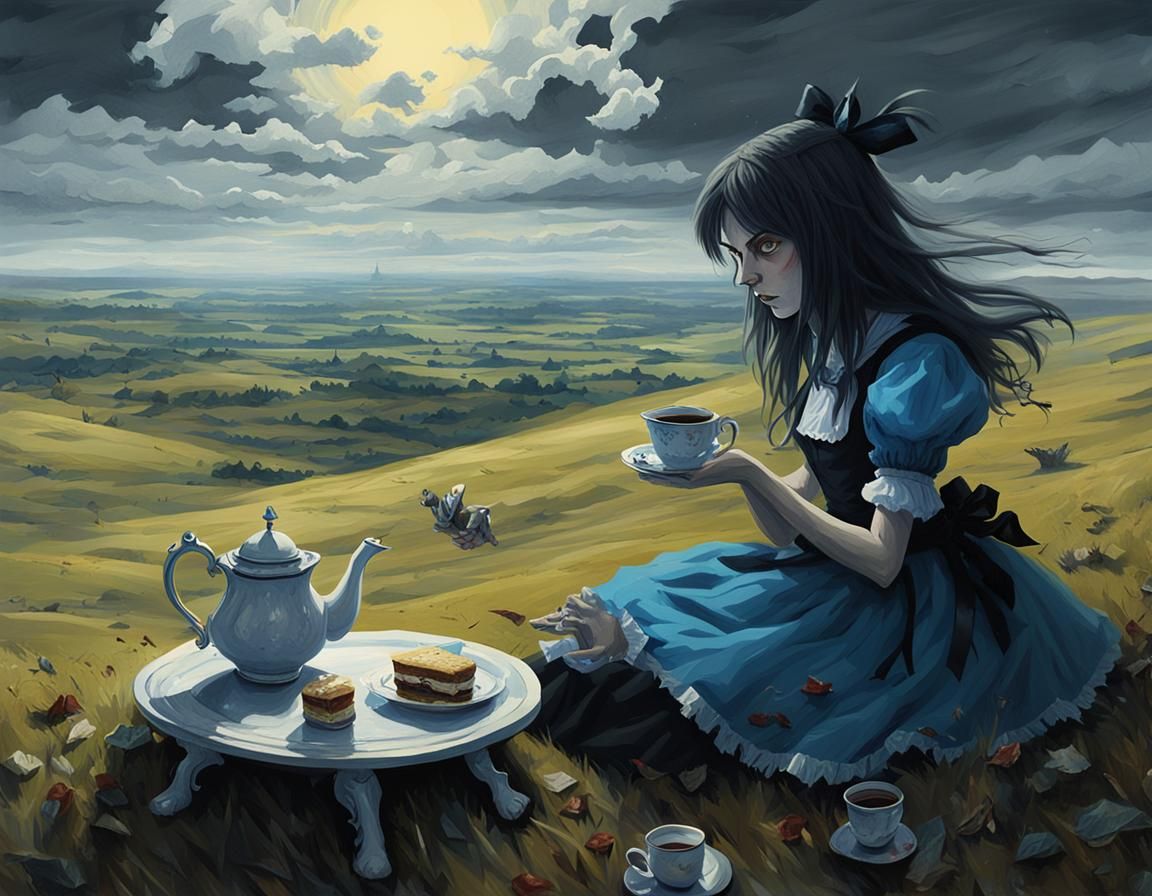 dark alice having fantasy tea piknik sitting on an infinite plain on a ...