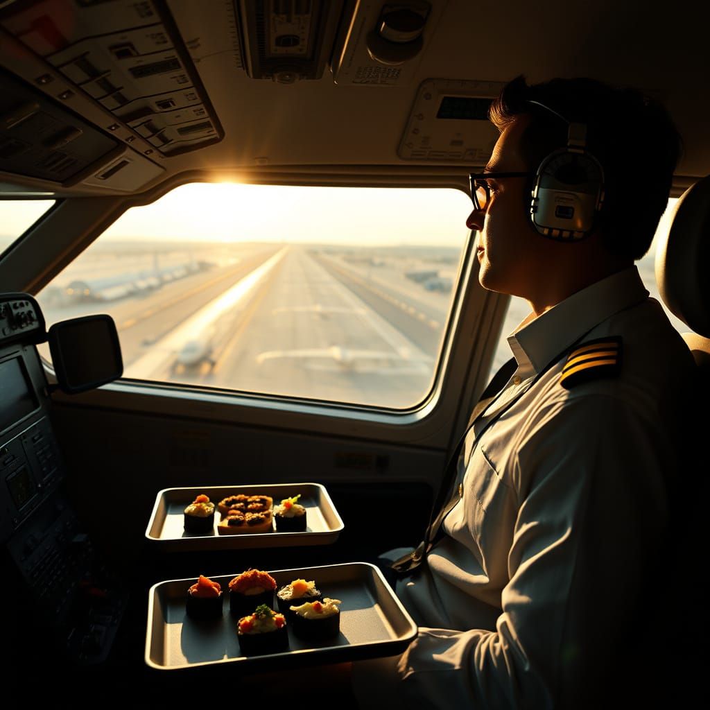 A cockpit with a view of a runway. In the cockpit a male pilot eating ...