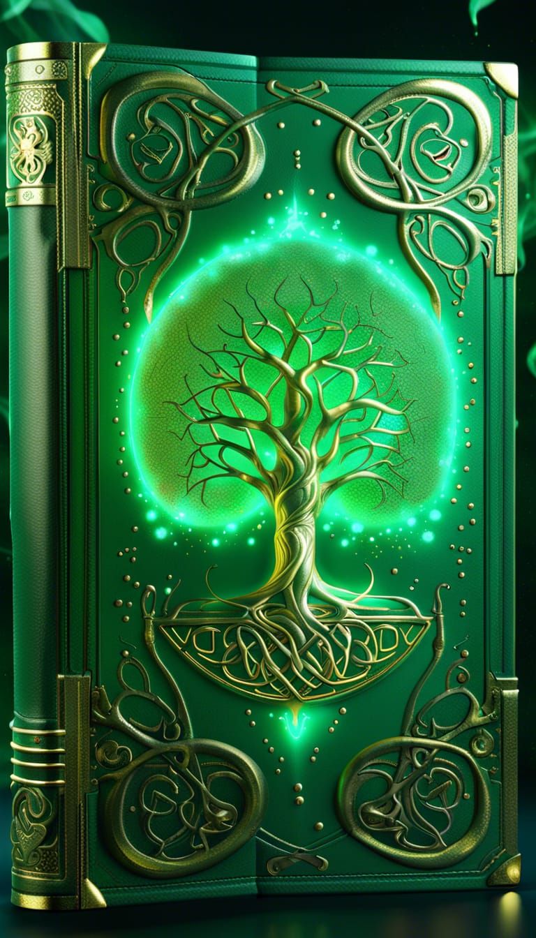 A leatherbound green magic book with gold filigree and rivets. A Celtic ...