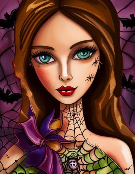 A super cute barbie doll with a pretty witchy outfit surrounded by bats ...